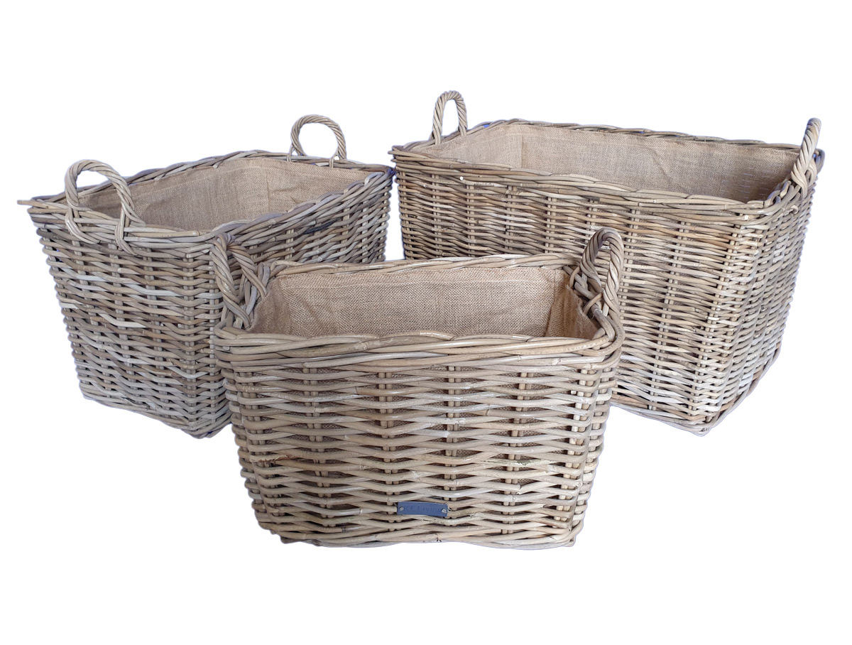 Set of 3 Oblong Grey Lined Log Baskets - Roudham Trading